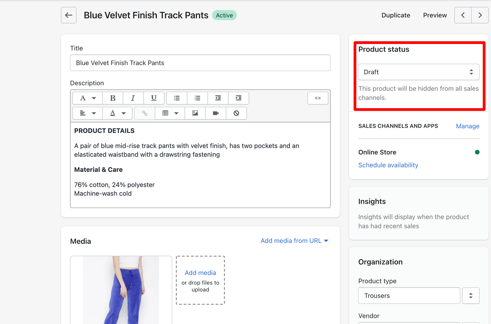 What are active, draft, and unavailable products in Shopify?