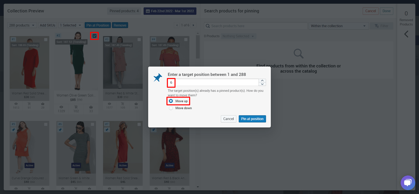 What is 'Move up' and 'Move Down' option while pinning products?